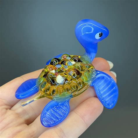 Glass Sea Turtle Sculpture Blown Glass Turtle Figurine Art Blue Turtle Statue Handmade