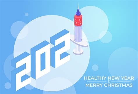 2021 년 건강한 새해 벡터 배너 템플릿 만화 벡터 주사기 및 백신 일러스트레이션 Isometric 평면 2021 새해 복 많은 새해 초대 엽서 인사말 카드 전단지