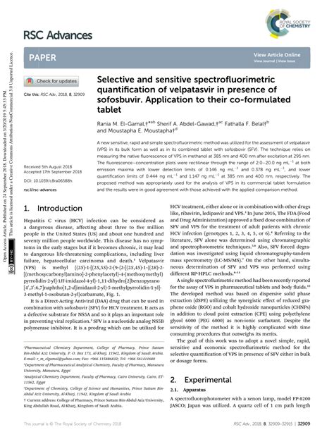 Pdf Selective And Sensitive Spectrofluorimetric Quantification Of Velpatasvir In Presence Of