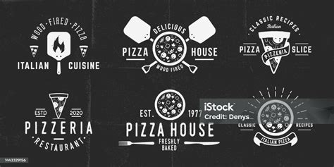 6 피자 기호 엠블럼 피자 가게 및 베이커리 포스터 피자 요리사 오븐 불 아이콘이 있는 피자 기호 피자 베이커리 및 레스토랑 엠블럼 템플릿입니다 그런지 질감 벡터 그림