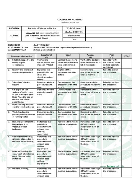 2021 Rubrics Ncma217 Rle Sl Bag Technique Pdf Nursing Health