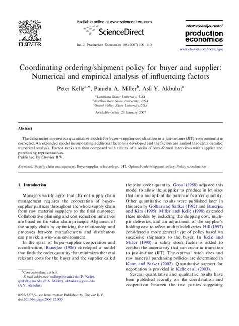 Pdf Coordinating Ordering Shipment Policy For Buyer And Supplier Numerical And Empirical