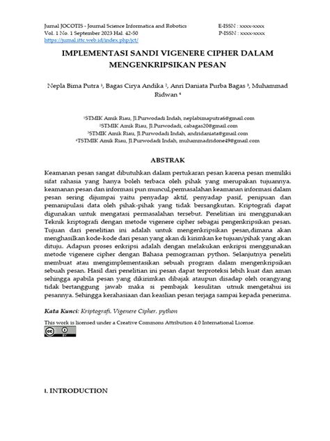 Implementasi Sandi Vigenere Cipher Dalam Mengenkripsikan Pesan Pdf