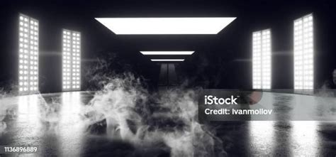 연기 안개 빈 네온 스튜디오 활기찬 공상 과학 Fi 무대 댄스 조명 흰색 반영 그런 지 콘크리트 큰 흰색 빛나는 빛 어두운 홀 배경 3d 렌더링 0명에 대한 스톡 사진 및