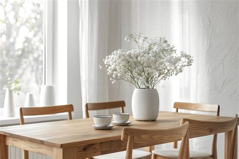 A Wooden Table Holds A Simple Yet Elegant Vase Of White Flowers