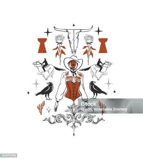 손으로 그린 추상 벡터 그래픽 클립 아트 일러스트 보호 카우걸 모자 초상화 서양 여성 디자인 개념 보헤미안 야생 서부 현대 미술 카우보이 소녀 현대 그림 미국 카우걸 로고