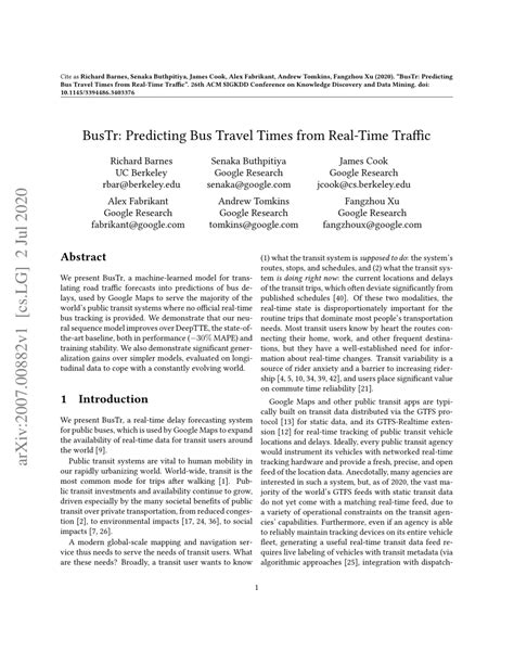 Pdf Bustr Predicting Bus Travel Times From Real Time Traffic