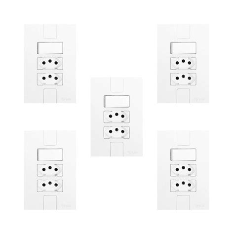 Conjunto De 5 Interruptores De 1 Tecla Simples E 2 Tomadas 2p T 20a Modular Com Placa 4x2