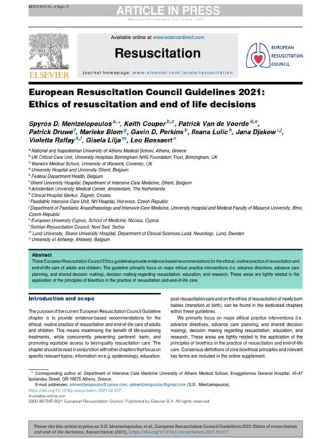 Resuscitation European Resuscitation Council Guidelines 2021 Ethics