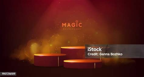 3d 연단과 황금 안개 또는 증기가 있는 마법의 빨간색 쇼케이스 배경 빛나는 반짝이는 흔적 벡터 일러스트 레이 션 3차원 형태에 대한 스톡 벡터 아트 및 기타 이미지