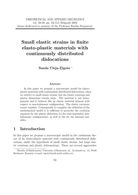 Pdf Small Elastic Strains In Finite Elasto Plastic Materials With Continuously Distributed