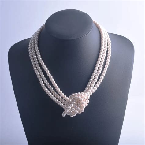 New Pink Pearl Necklace Three Layer Knotted Pearl Necklace Bride