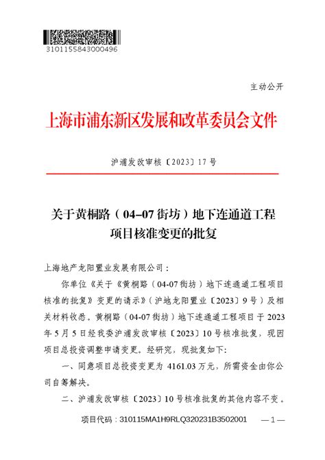 关于黄桐路04 07街坊地下连通道工程项目核准变更的批复 重大项目信息