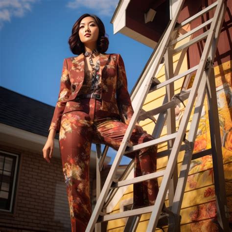 Premium Photo Elegant Asian Girl Ascending The Ladder A Vibrant And