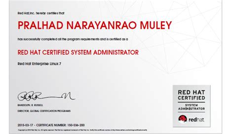 Completed Red Hat Certification For System Administrator On Rhel 7