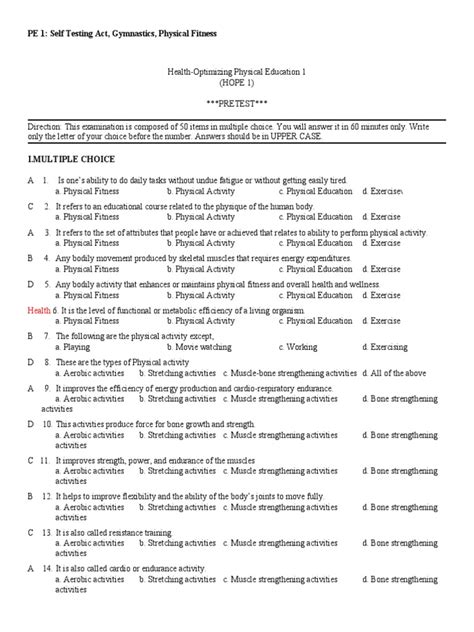 Pretest Test Questionnaire Pdf Strength Training Physical Fitness
