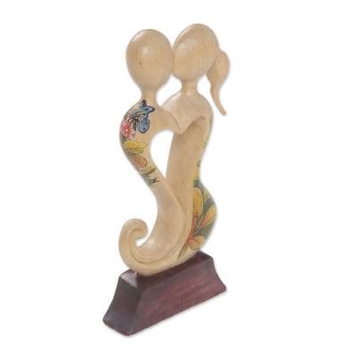 Hand Carved Balinese Jempinis Wood Romantic Statuette Love Blossoms Between Us NOVICA