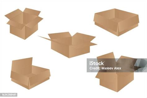 사실적인 골판지 상자 모형은 측면 전면 및 상단 보기에서 흰색 배경에 격리되어 열리고 닫힙니다 0명에 대한 스톡 벡터 아트 및 기타 이미지 Istock