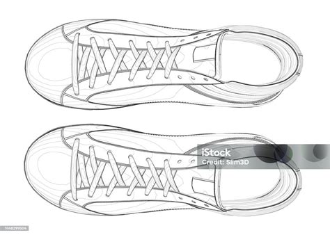 흰색 배경에 격리된 검은색 선에서 스포츠 운동화의 윤곽 위에서 본 모습 3d 벡터 그림입니다 가죽에 대한 스톡 벡터 아트 및 기타 이미지 Istock