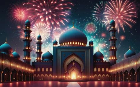 Premium Ai Image Ramadan Kareem Eid Mubarak Lamp With Mosque Holy