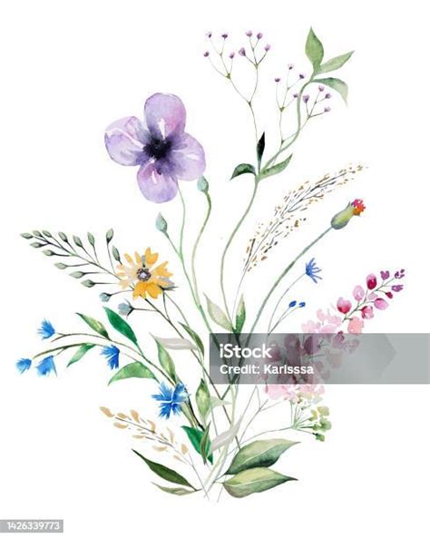 Bouquet Daquarelle Fleurs Et Feuilles Sauvages Mariage Dété Et