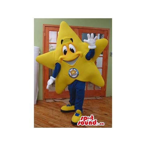 Happy Yellow Star Plush Mascot With A Logo Dressed In Sports Shoes