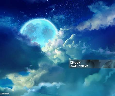 별이 빛나는 밤 밤하늘의 큰 보름달 환상적인 구름의 바다 그림 0명에 대한 스톡 벡터 아트 및 기타 이미지 0명 공포 영화 구름 Istock
