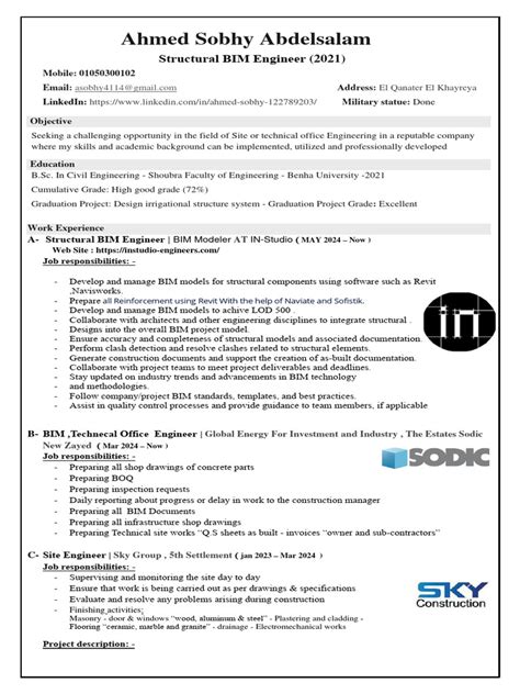 Bim Engineer Ahmed Sobhy Cv Pdf Building Information Modeling Autodesk Revit