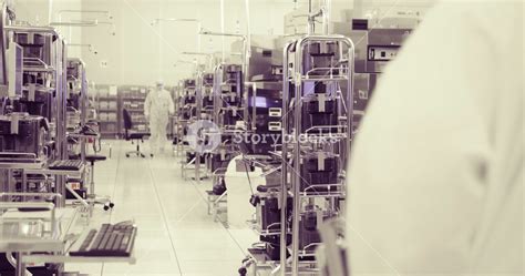 Clean Room Manufacturing Of Silicon Wafers For The Semiconductors Industry Moment Stock Image