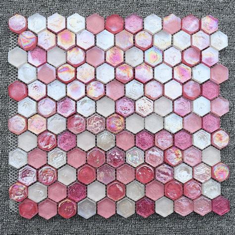 Hexagon Sugar Pink Red Rainbow Stained Glass Mosaic Tile Backsplash Cg