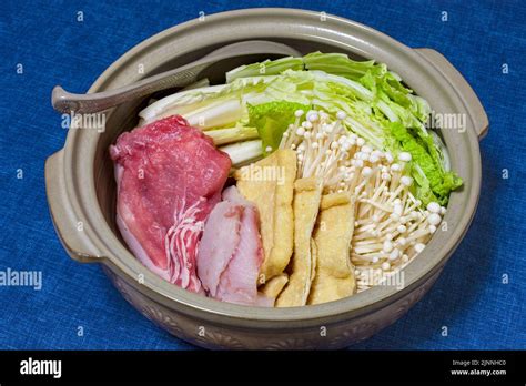 Nabemono Or Nabe Ingredients Mixed Meat And Vegetables Cooked In Broth