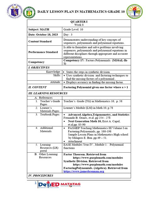 Dlp Math 10 Q1 Week 8 Day 3 Pdf Mathematics Factorization