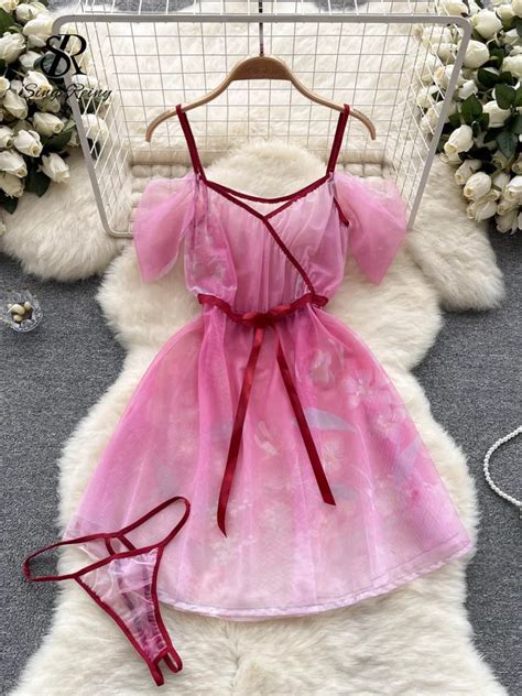 SINGREINY Summer French Sweet Sexy Mesh Pajams Sets Lace Up Sheer Bodysuits Women Tie Dye Print