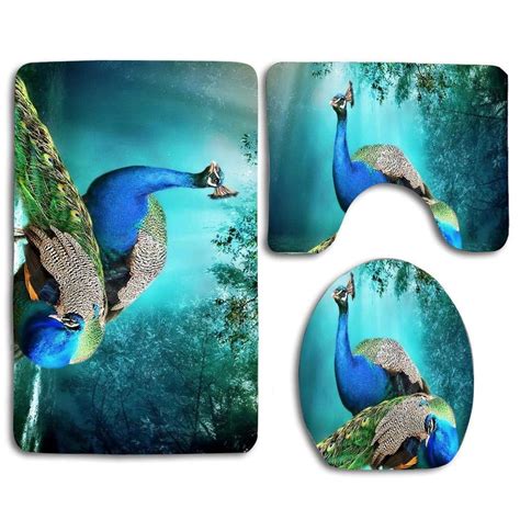 Pudmad Blue Peacock 3 Piece Bathroom Rugs Set Bath Rug Contour Mat And Toilet Lid Cover