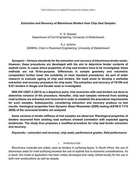 Pdf Extraction And Recovery Of Bituminous Binders From Chip Seal Samples