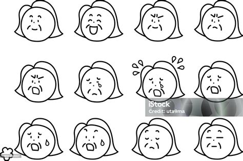 기뻐하고 화가 나고 슬프고 기뻐하는 이모의 다양한 표정 세트 일러스트 소재 감정 시리즈에 대한 스톡 벡터 아트 및 기타 이미지 Istock