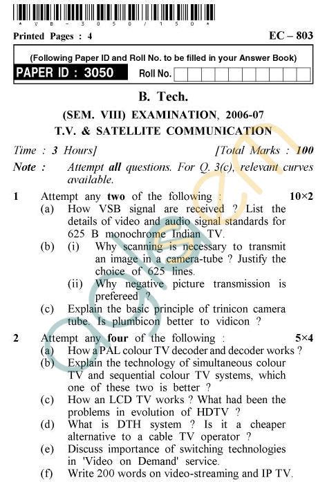 Aktu Btech Question Paper Ec 803 Tv And Satellite Communication