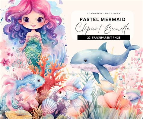 Mermaid Clipart Pastel Under The Sea Clipart Watercolour Mermaid Png