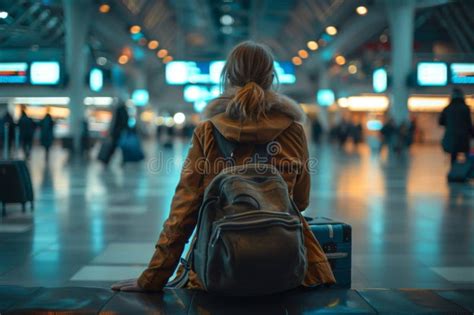 A Travelers Woman Sitting On A Suitcase In Passenger Hall Stock