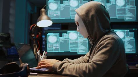 Impostor With Mask Hacking Computer Server At Night Stock Image Image Of Computer Impostor