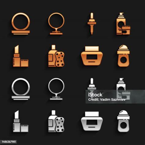 샴푸와 스폰지 한 병 크림 또는 로션 화장품 튜브 발한 억제제 데오도란트 롤 립스틱 피펫 거울이 있는 메이크업 파우더 및 원형 메이크업 아이콘을 설정합니다 벡터 3월에 대한