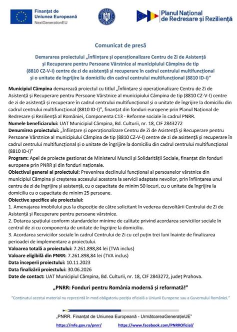 Comunicat de presă Demararea proiectului Înființare și