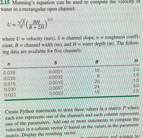 Solved 2 15 Manning S Equation Can Be Used To Compute The Chegg