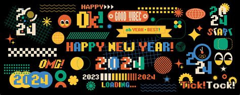 2024년 템플릿 세트 모양 디자인 번호의 큰 세트 문자 새해 복 많이 받으세요 2024 밝고 화려한 색상의 벡터 그림입니다