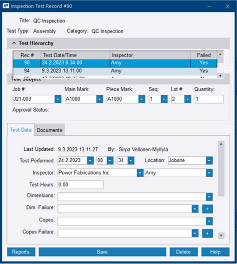 inspection test record properties tekla user assistance