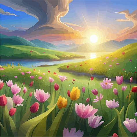 Premium Vector Spring Landscape In Green Field Colorful Wildflowers