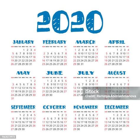 영어 달력 2020 년 벡터 정사각형 캘린더 디자인 템플릿입니다 주 시작 일 0명에 대한 스톡 벡터 아트 및 기타 이미지 0