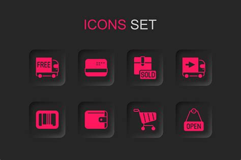 지갑 신용 카드 무료 배송 서비스 쇼핑 카트 배달화물 트럭 텍스트 열기 판매 및 바코드 아이콘이있는 매달려 기호를 설정합니다 벡터 0명에 대한 스톡 벡터 아트 및 기타