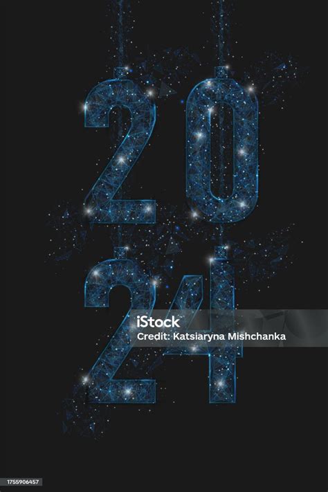 2024년 새해 번호의 추상적인 고립된 파란색 이미지입니다 다각형 로우 폴리 와이어 프레임 그림은 스파 또는 날아 다니는 유리