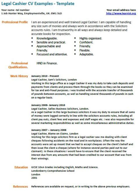 Legal Cashier CV Example Learnist Org